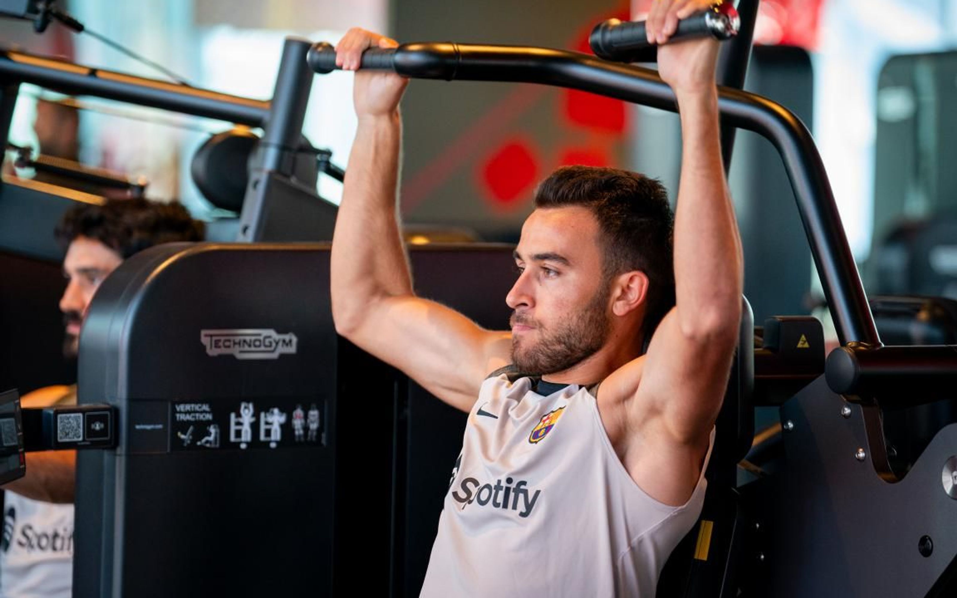 Players work out in gym at team hotel